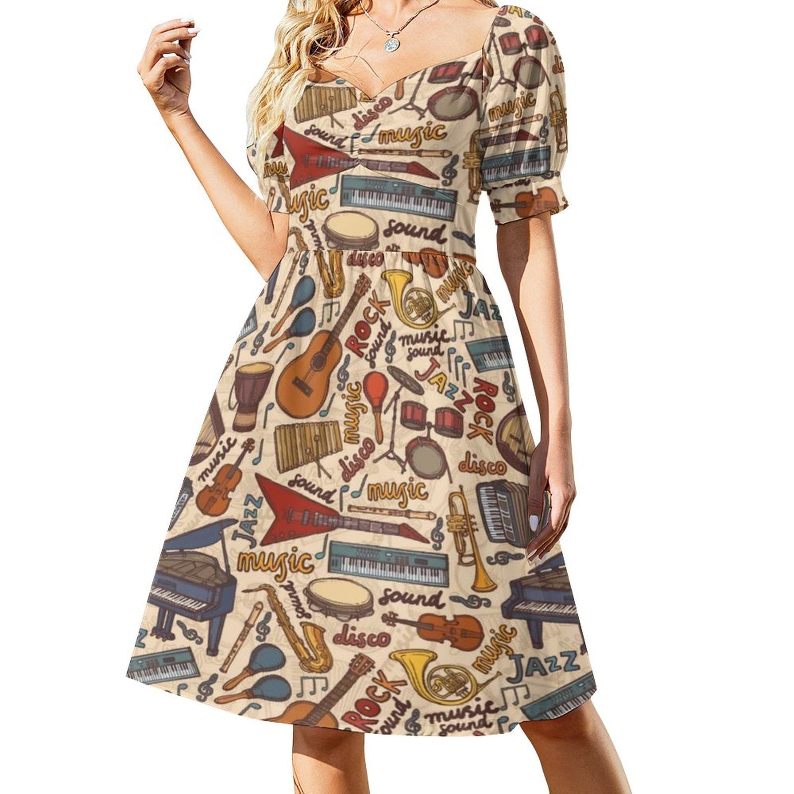 White Music Notes Dress Musician Vintage Dresses Summer Simple Casual ...