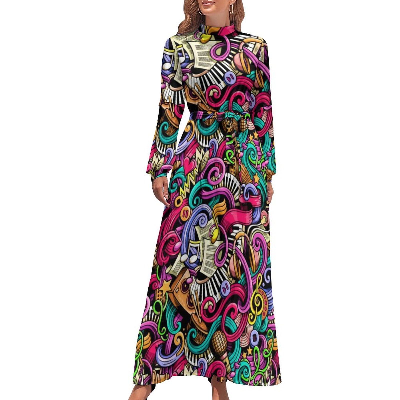 White Music Notes Dress Note y Print Maxi Dress Aesthetic Bohemia Long ...