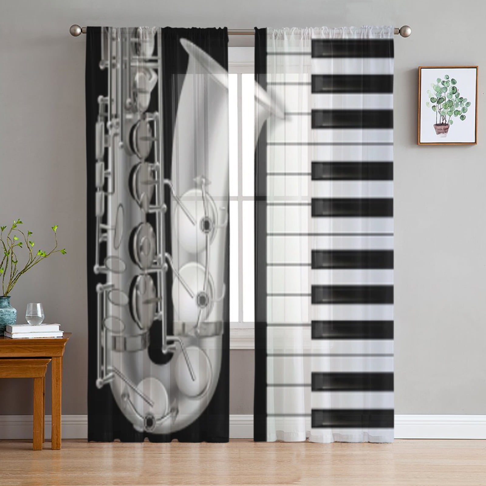 White Musical Background with Gray Note Sheer Curtains for Living Room ...