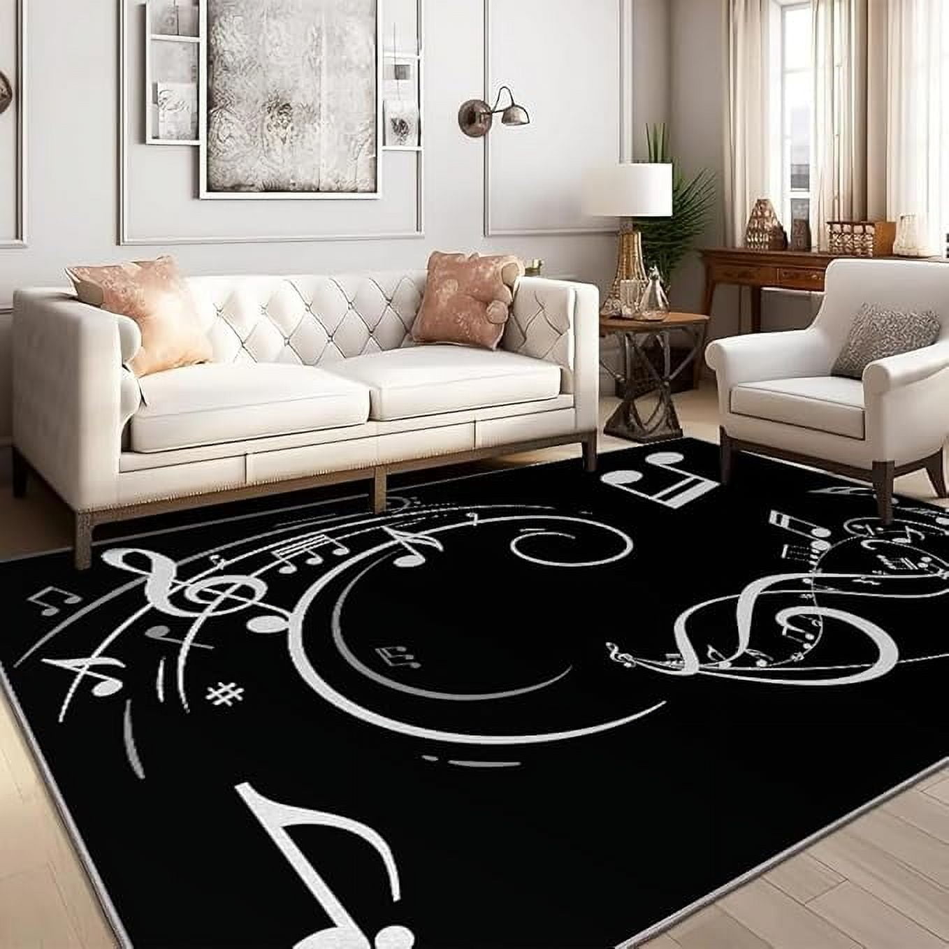 White Musical Note Print Area Rug On Black Background,Cool Music Theme ...