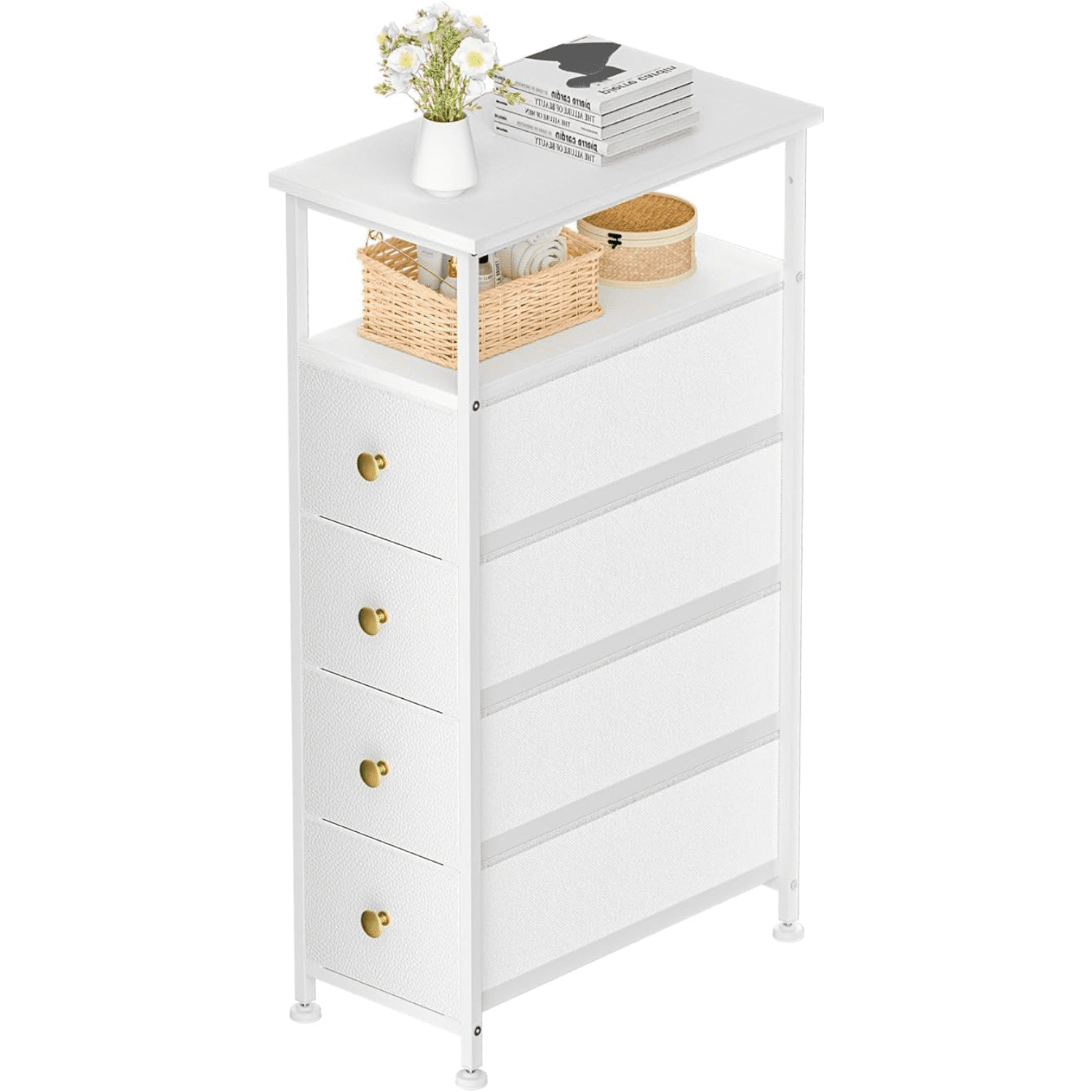White Narrow Dresser – Slim Storage Tower with 4 Fabric Drawers & Wood ...