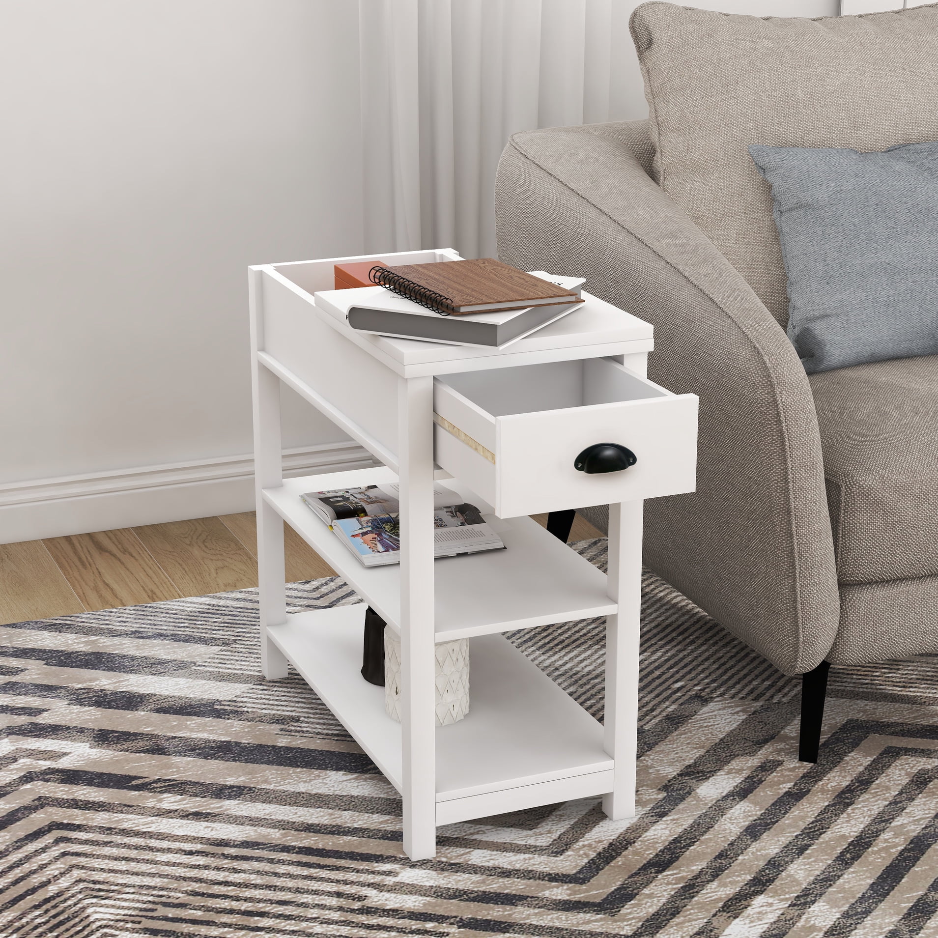 White Narrow Table With Drawers And Bottom Partition, Coating, For ...