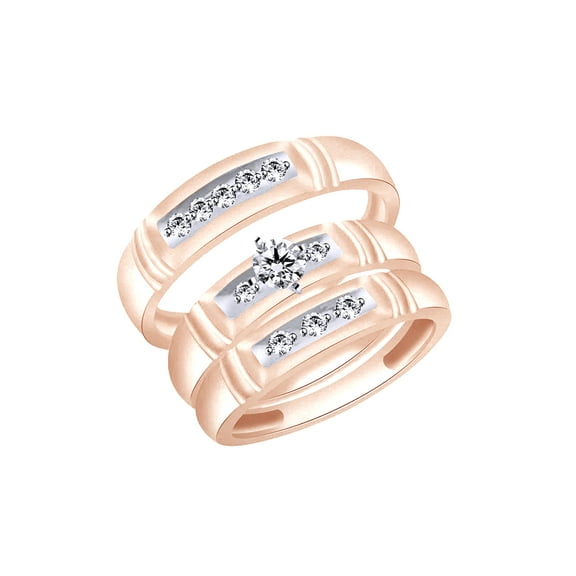 AFFY White Natural Diamond Wedding & Engagement Trio Band Ring Set In ...