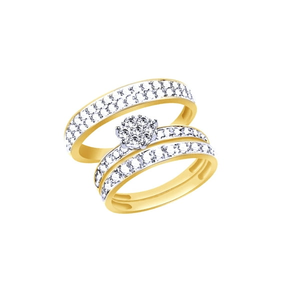 AFFY White Natural Diamond Engagement & Wedding Trio Band Ring Set In ...