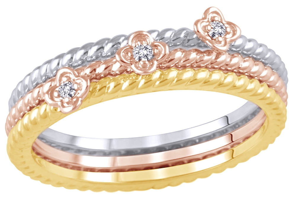 White Natural Diamond Accent Rope Textured Flower Stackable Three Ring ...