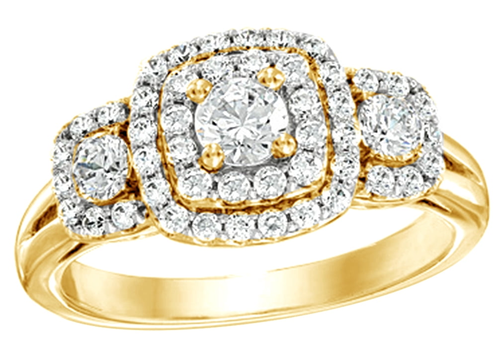 AFFY White Natural Diamond Double Frame Three Stone Ring in 10k Yellow ...