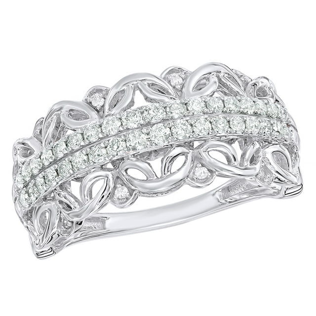 White Natural Diamond Double Row Vintage Style Scroll Band Ring in 10k ...