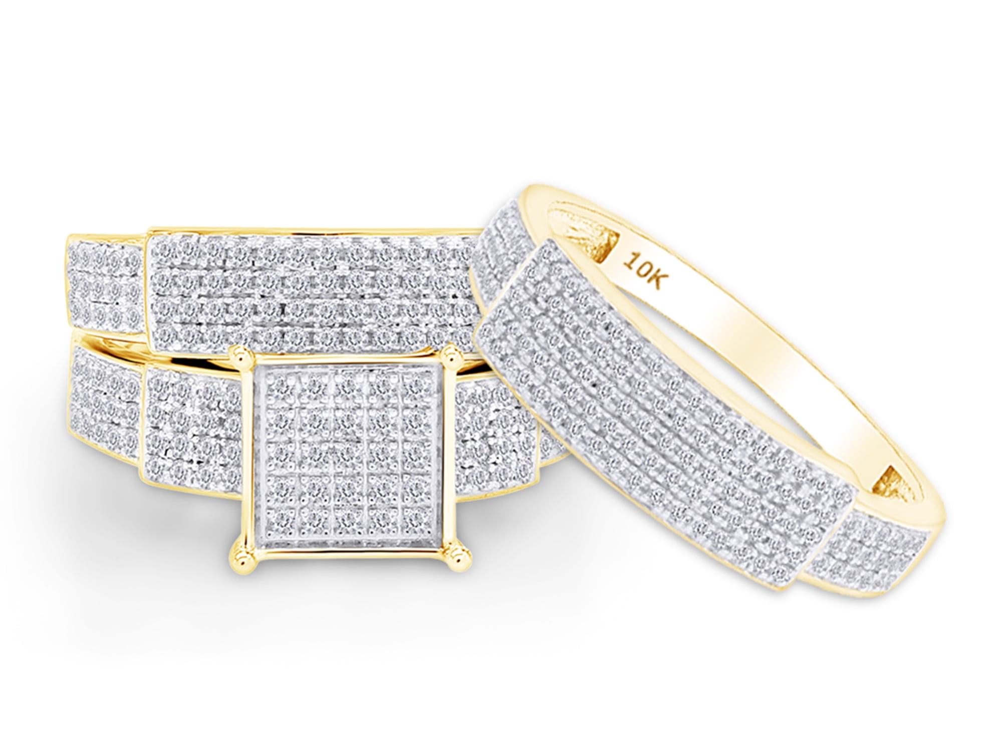 AFFY White Natural Diamond Engagement & Wedding Trio Band Ring Set In ...