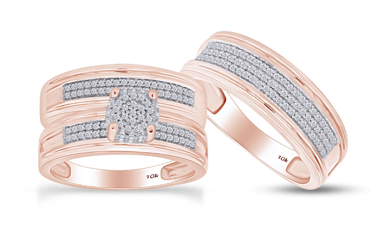 AFFY 0.40CT White Natural Diamond Wedding Trio Band Ring Set in 10k ...