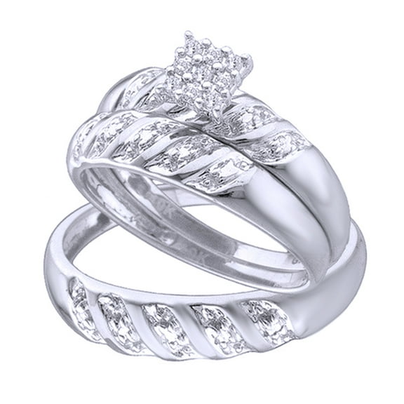 AFFY White Natural Diamond Engagement & Wedding Trio Band Ring Set In ...