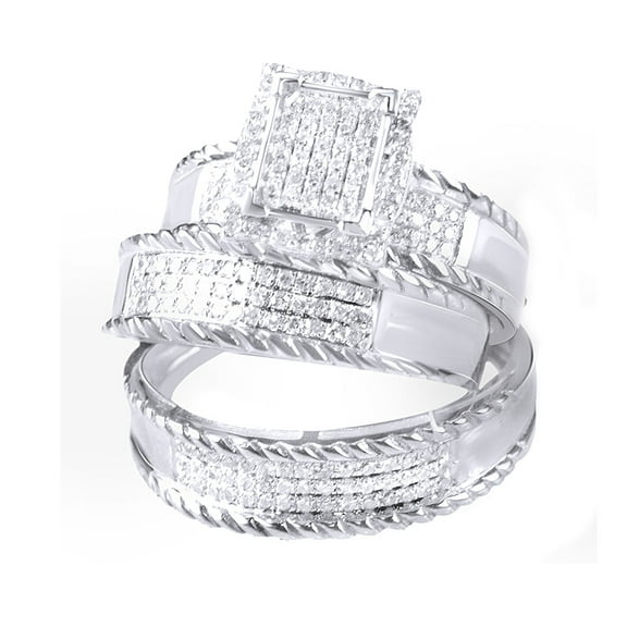 AFFY White Natural Diamond Wedding & Engagement Trio Band Ring Set In ...