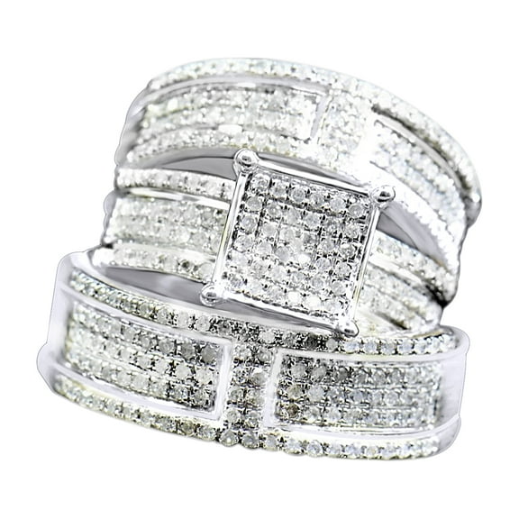 AFFY White Natural Diamond Wedding & Engagement Trio Band Ring Set In ...
