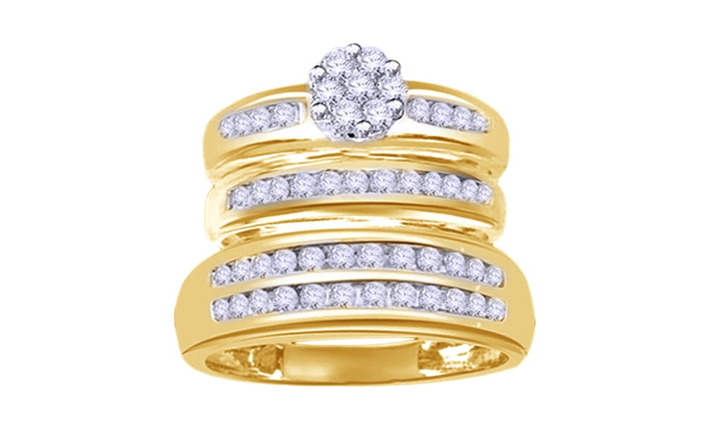 AFFY White Natural Diamond Engagement & Wedding Trio Band Ring Set In ...