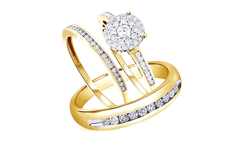 AFFY White Natural Diamond Engagement & Wedding Trio Band Ring Set In ...