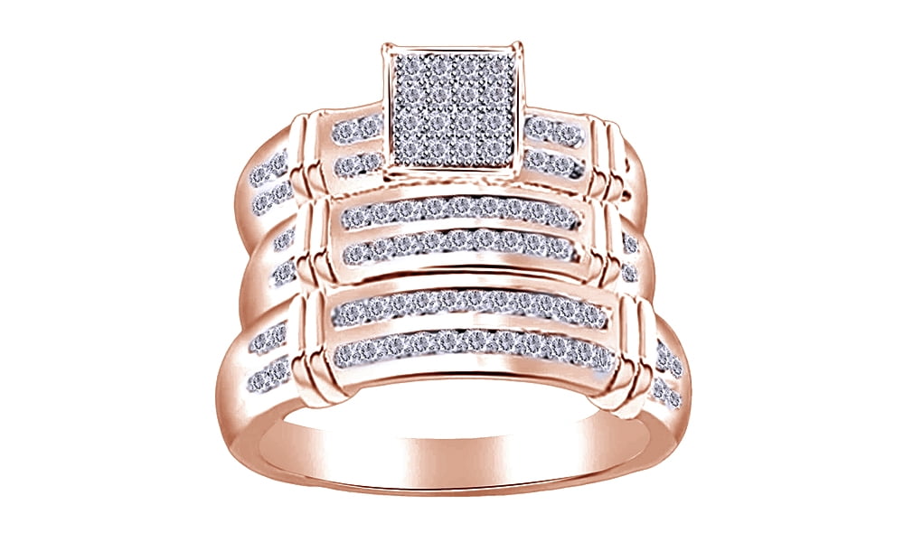 AFFY White Natural Diamond Engagement & Wedding Trio Band Ring Set In ...