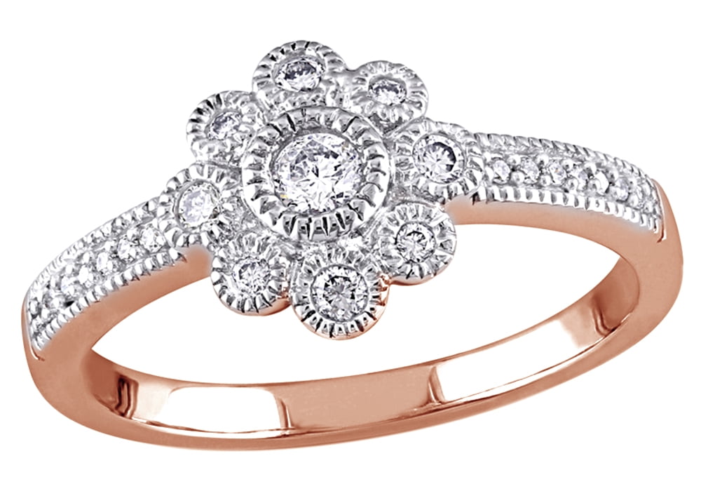 White Natural Diamond Flower Frame Vintage-Style Ring in 14k Rose Gold ...
