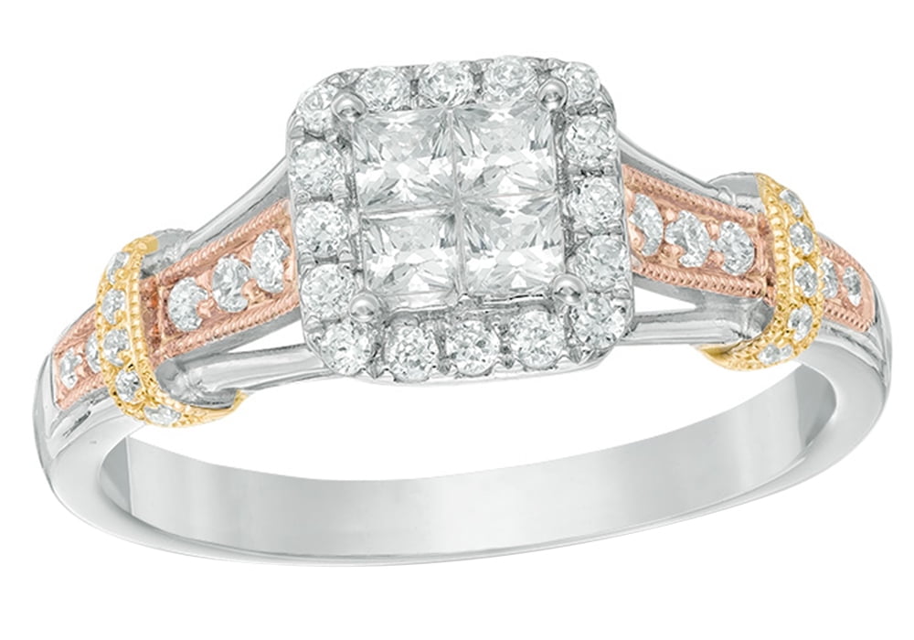 AFFY White Natural Diamond Frame Vintage Style Tri Tone Engagement Ring ...