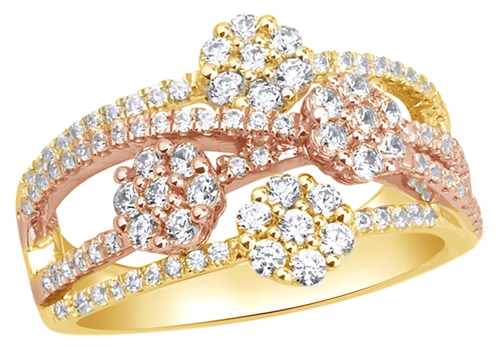 AFFY White Natural Diamond Multi Flower Split Shank Two Tone Ring in ...