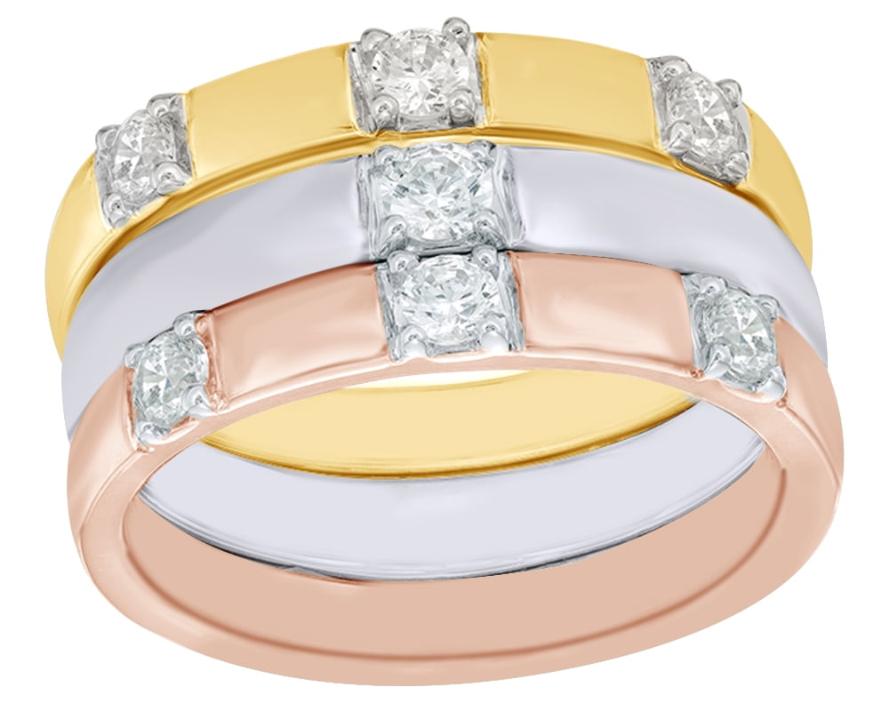 White Natural Diamond Seven Stone Three Piece Stackable Ring Set in 10K ...