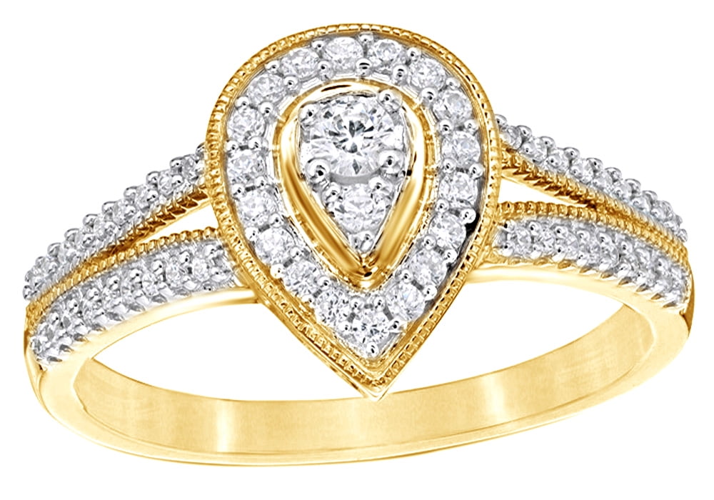 White Natural Diamond Teardrop Shaped Frame Split Shank Vintage Style ...