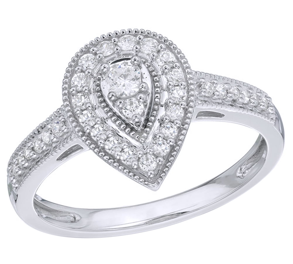 White Natural Diamond Teardrop Shaped Frame Vintage Style Engagement ...