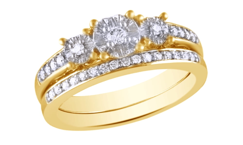 AFFY White Natural Diamond Three-Stone Bridal Set In 10k Yellow Gold (0 ...