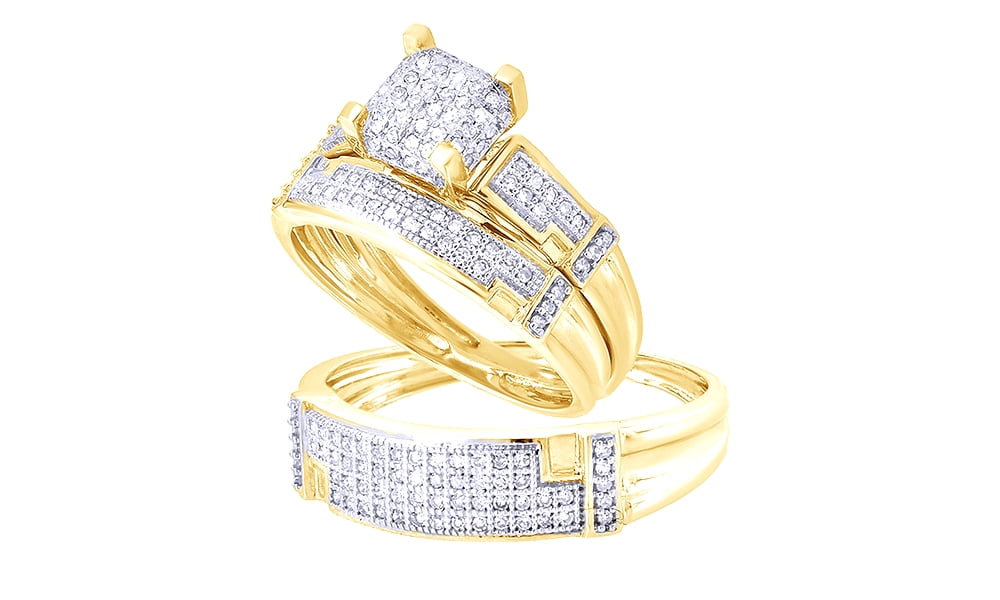 AFFY White Natural Diamond Wedding Trio Band Ring Set In 10k Yellow ...
