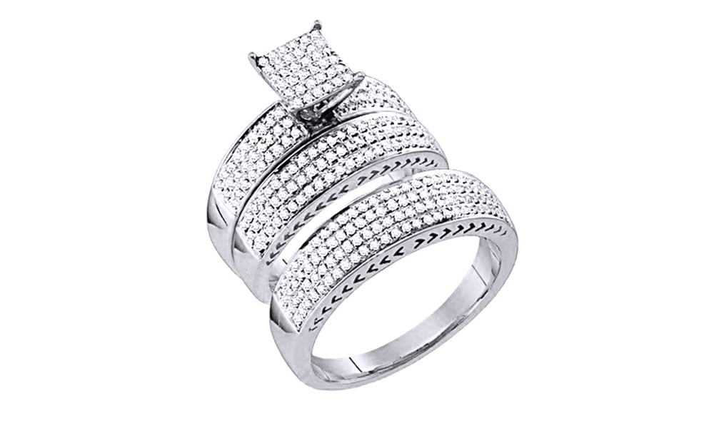 AFFY White Natural Diamond Wedding Trio Bridal Ring Set In 10k White ...