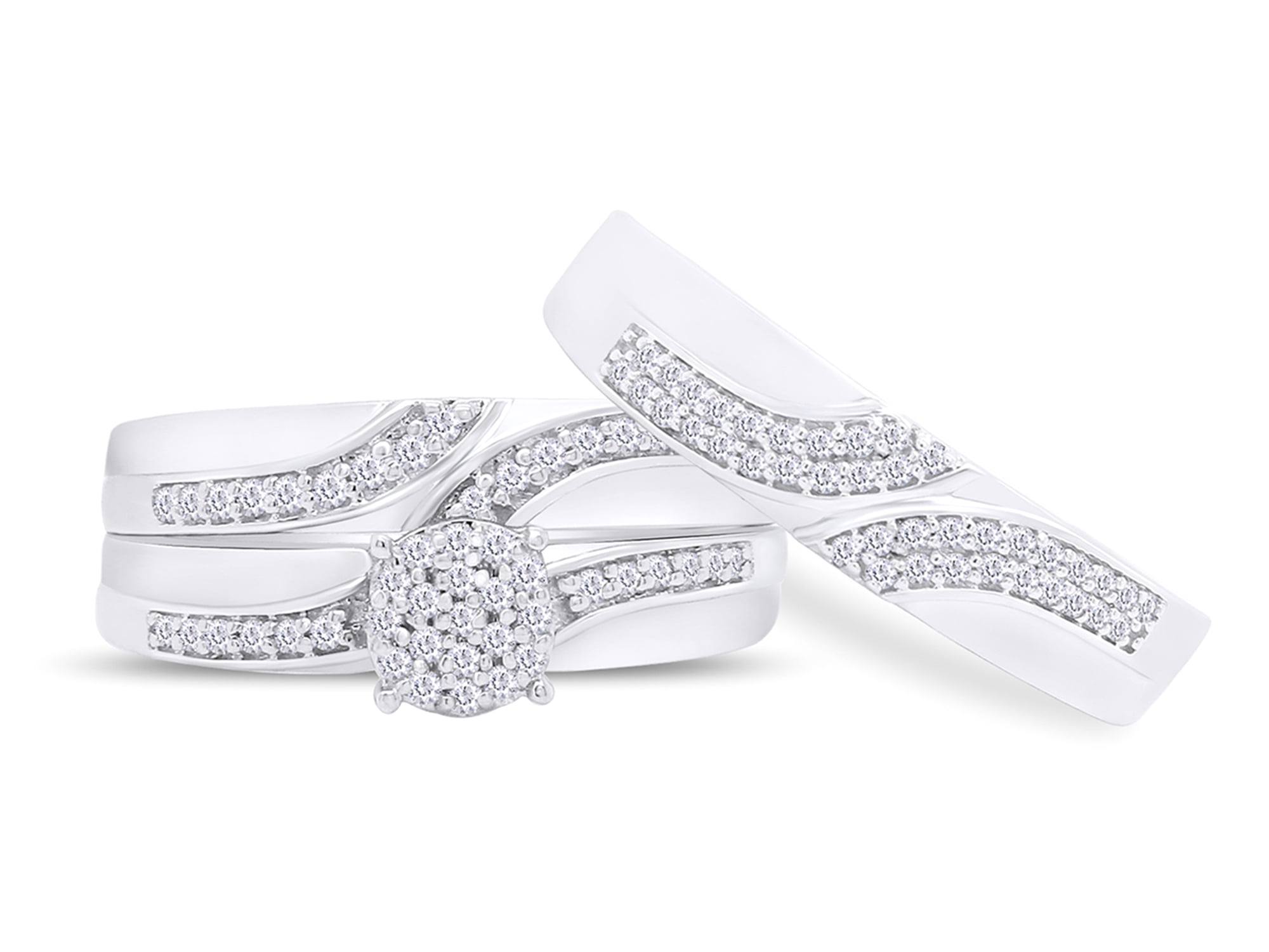 AFFY White Natural Diamond Wedding Trio Bridal Ring Set In 14k White ...