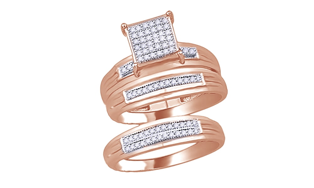AFFY White Natural Diamond Wedding & Engagement Trio Band Ring Set In ...