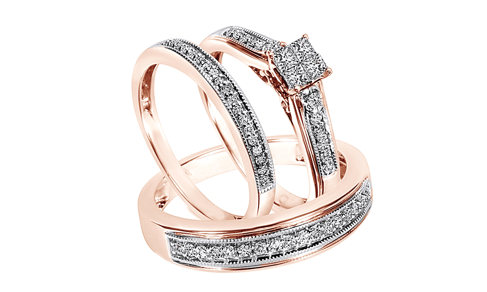 AFFY White Natural Diamond Wedding & Engagement Trio Band Ring Set In ...