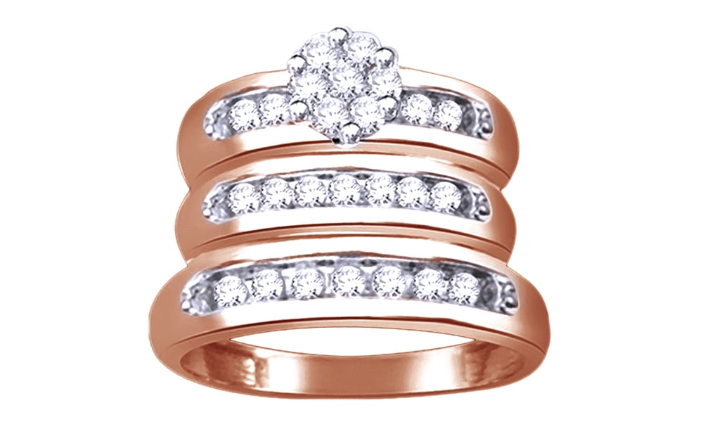 AFFY White Natural Diamond Wedding & Engagement Trio Band Ring Set In ...