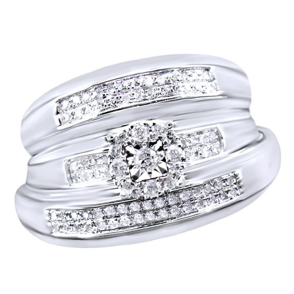 AFFY White Natural Diamond Wedding & Engagement Trio Band Ring Set In ...