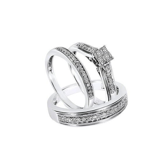 AFFY White Natural Diamond Wedding & Engagement Trio Band Ring Set In ...