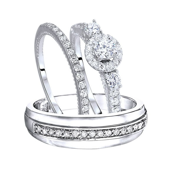 AFFY White Natural Diamond Engagement & Wedding Trio Bridal Ring Set In ...
