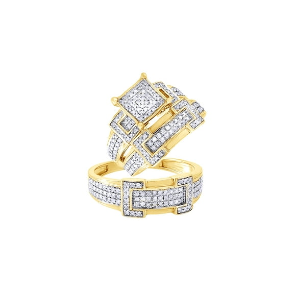 AFFY White Natural Diamond Engagement & Wedding Trio Band Ring Set In ...