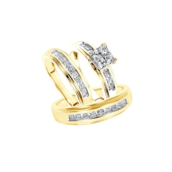 AFFY White Natural Diamond Wedding Trio Bridal Ring Set In 10k Yellow ...