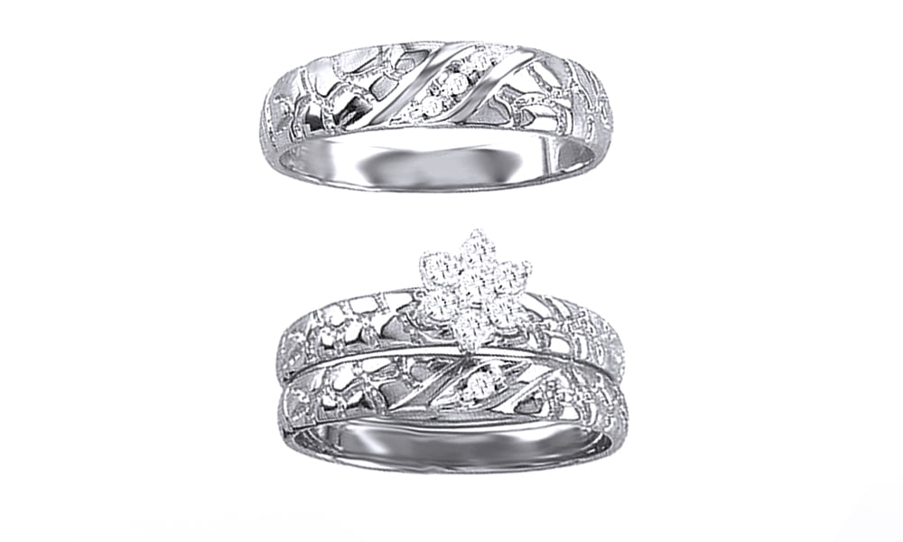 AFFY White Natural Diamond Wedding & Engagement Trio Bridal Ring Set In ...