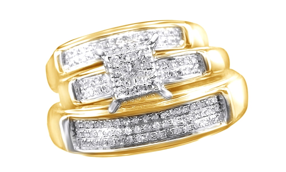 AFFY White Natural Diamond Wedding & Engagement Trio Bridal Ring Set In ...