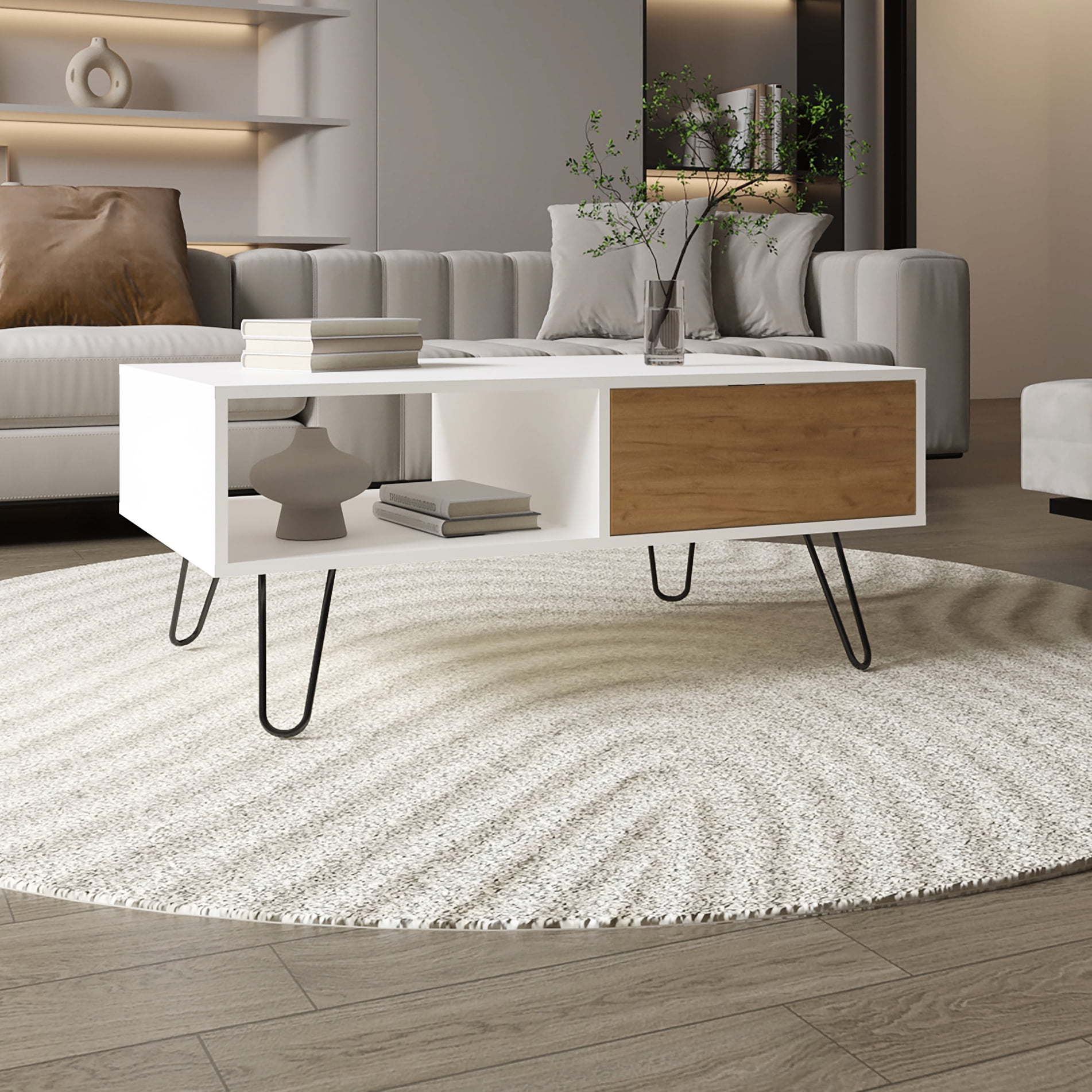White - Natural Oak Rectangular Coffee Table With Elegant Design ...