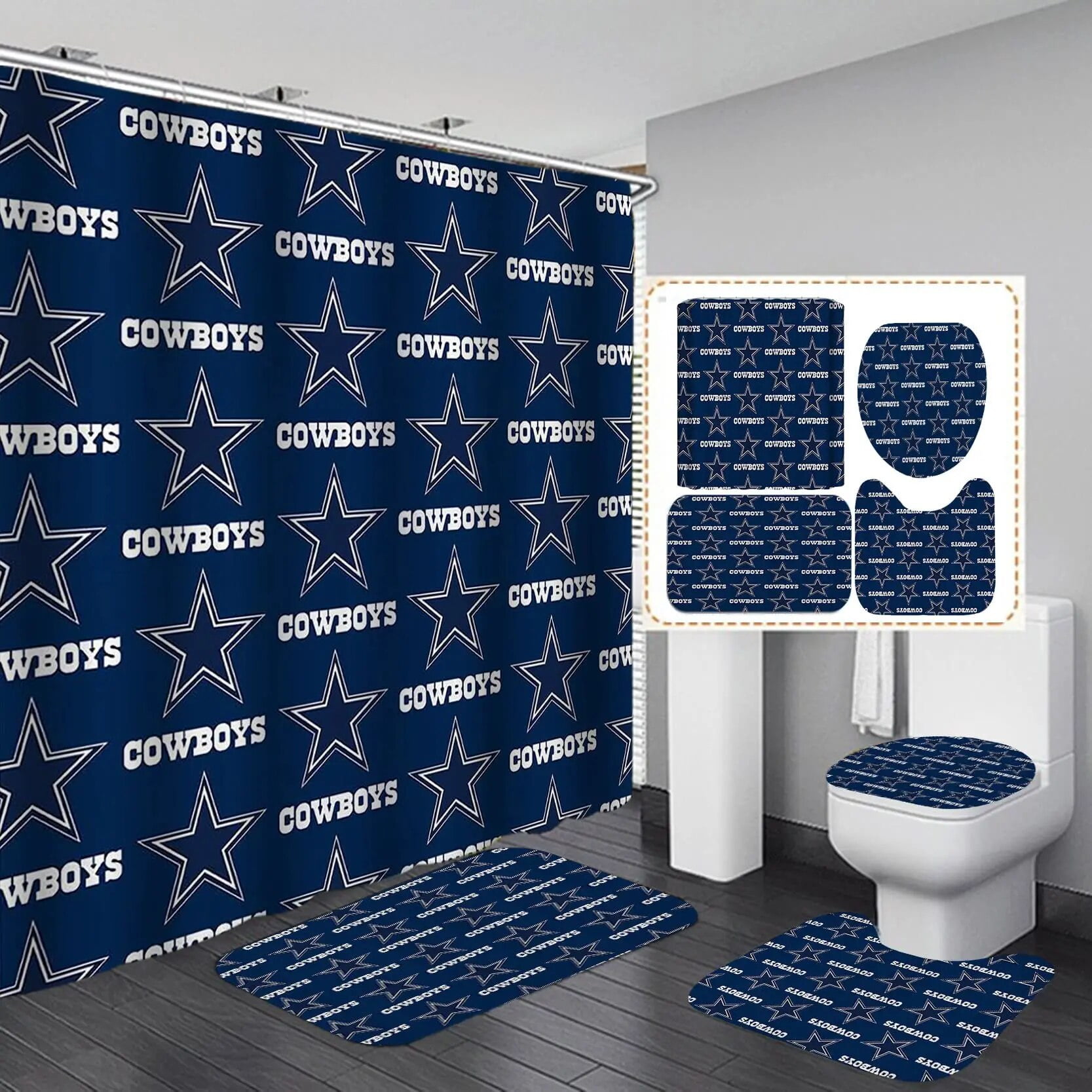 White Navy Blue American Football Shower Curtain Set Modern Texas Star ...
