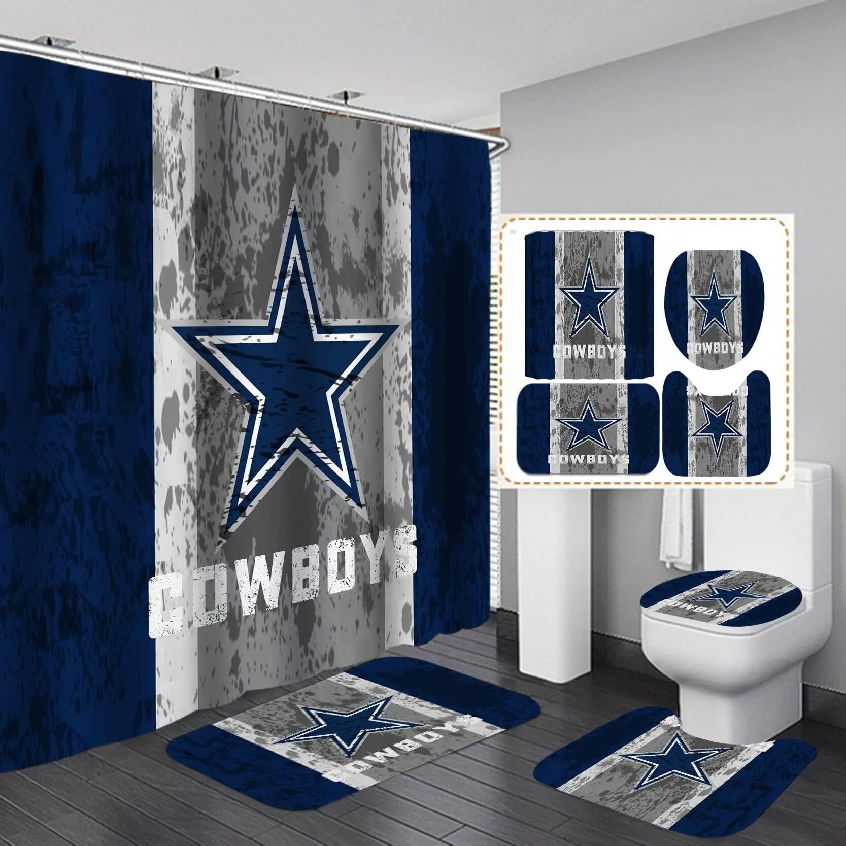 White Navy Blue American Football Shower Curtain Set Modern Texas Star ...