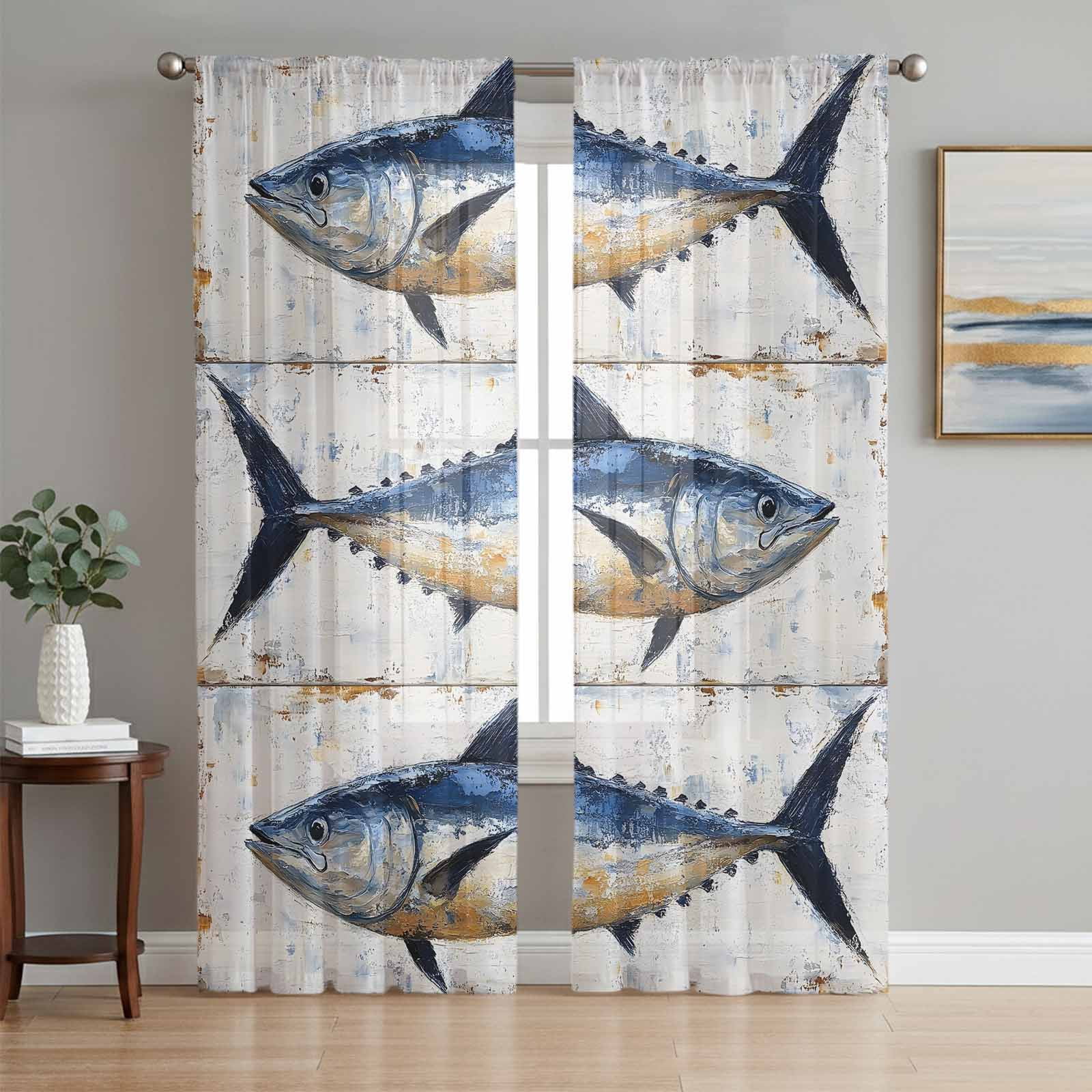 White Navy Blue Fish Sheer Curtains 84 Inch Length 2 Panels Set, Retro ...