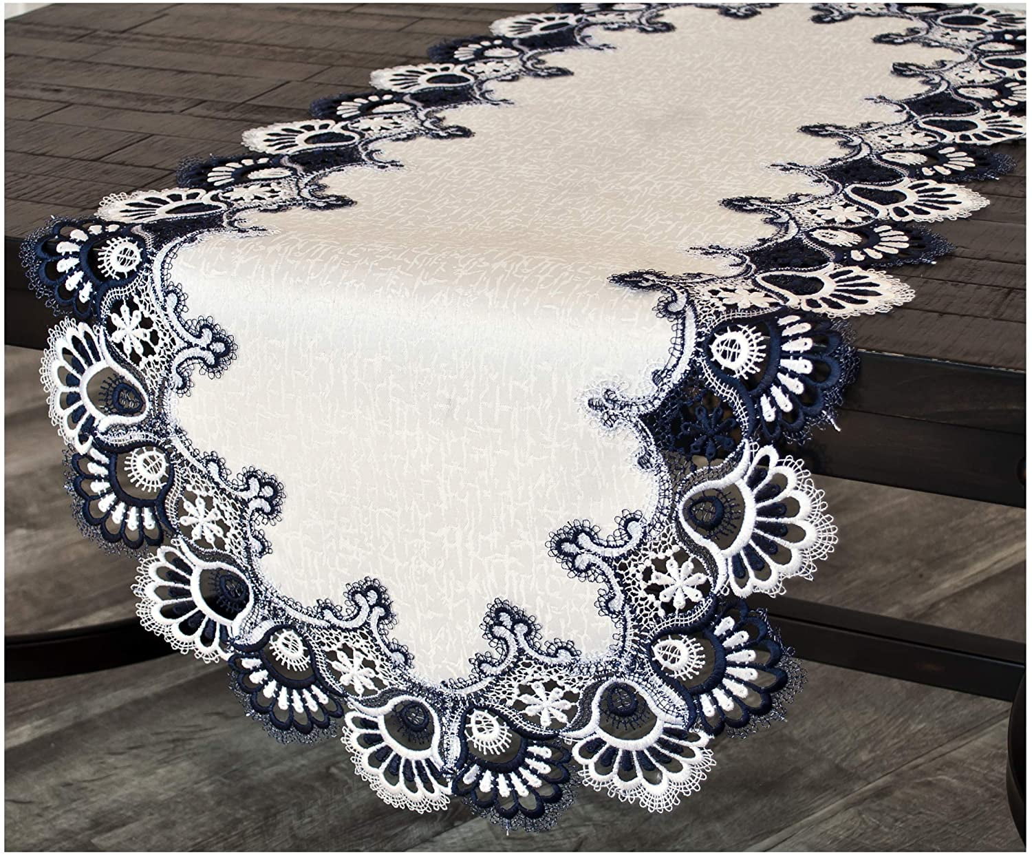 White Navy Blue Jacquard Peacock Tail Lace Dresser Scarf Table Runner ...