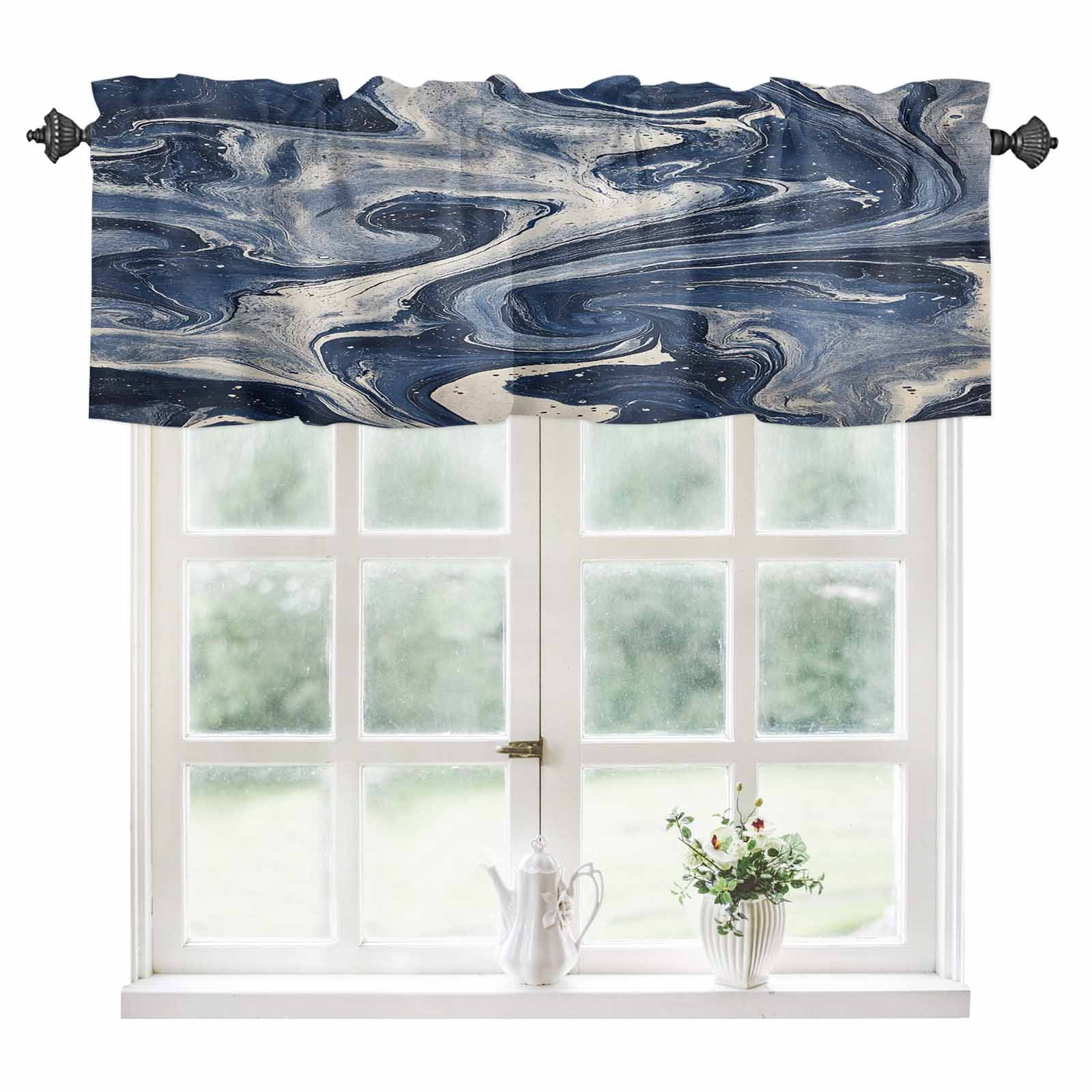 White Navy Blue Kitchen Valances for Windows 42x12 Inch Kitchen ...