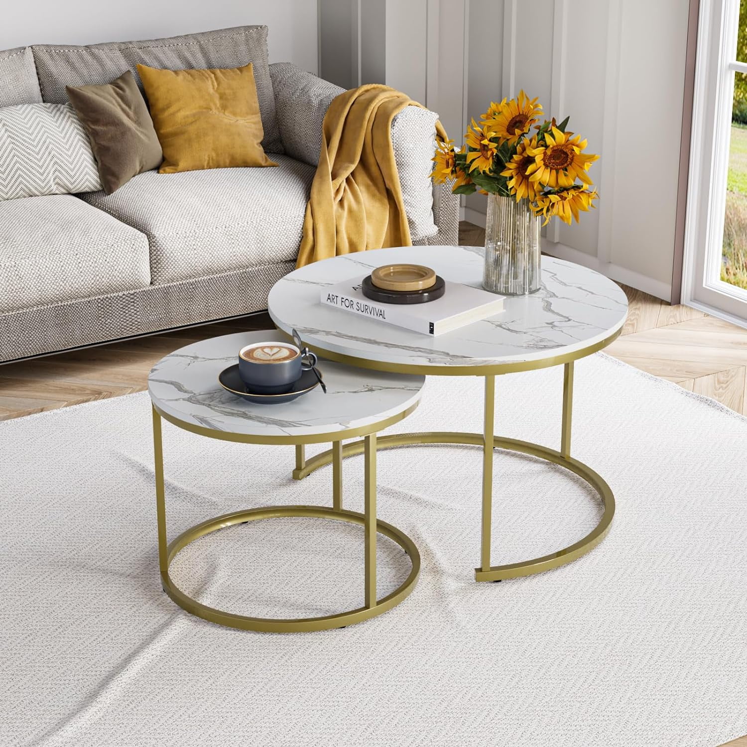 White Nesting Coffee Table Set of 2, 27.6" Round Coffee Table Wooden ...