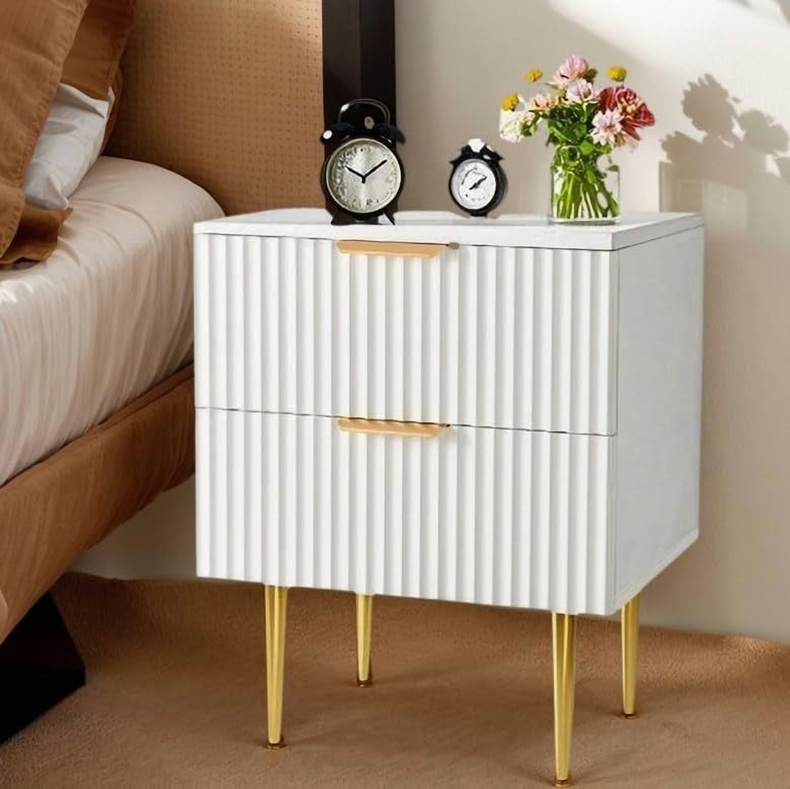 White Night Stand with 2 Drawers & Gold Frame -Fluted Glossy Night ...