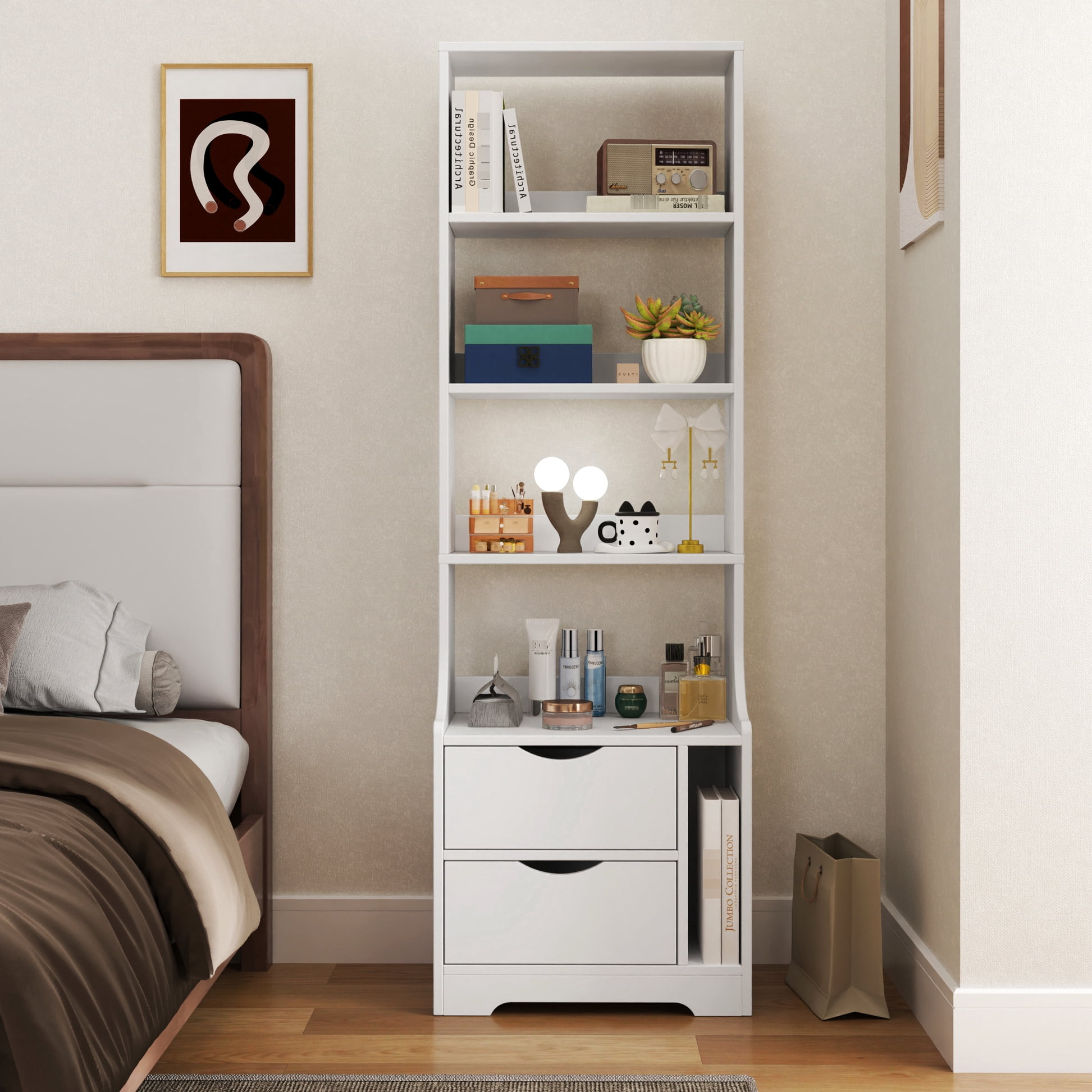 White Night Stand For Bedroom, With 2 Drawers & Shelving, 18.78 In ...