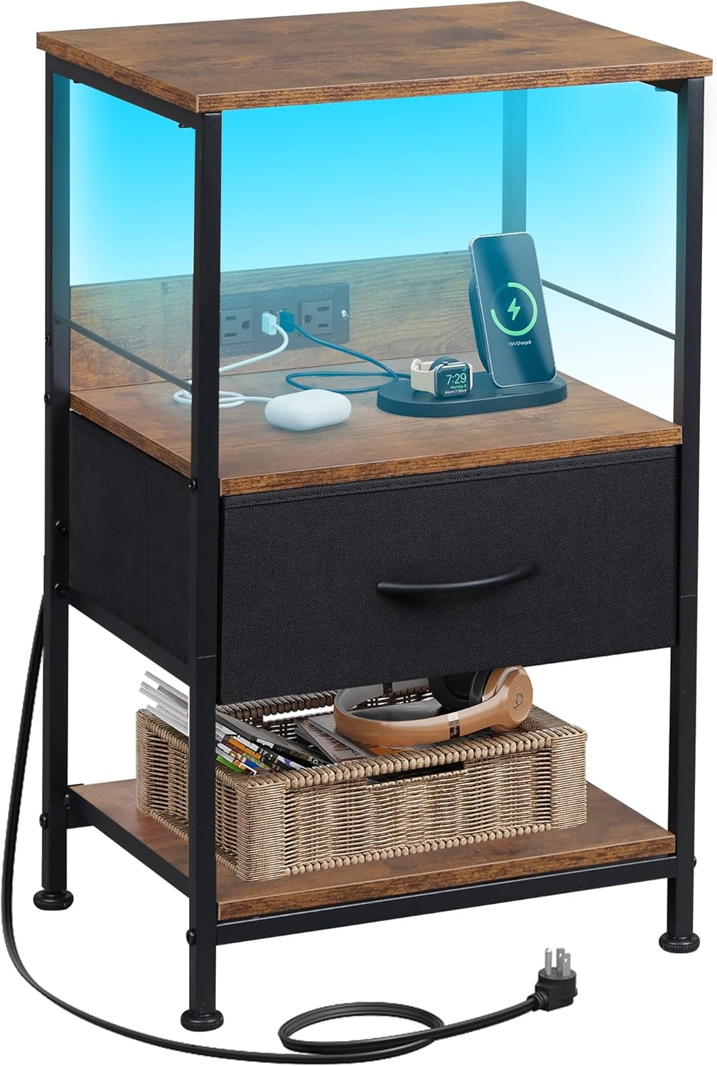White Night Stand with Charging Station, LED Nightstand with Adjustable ...