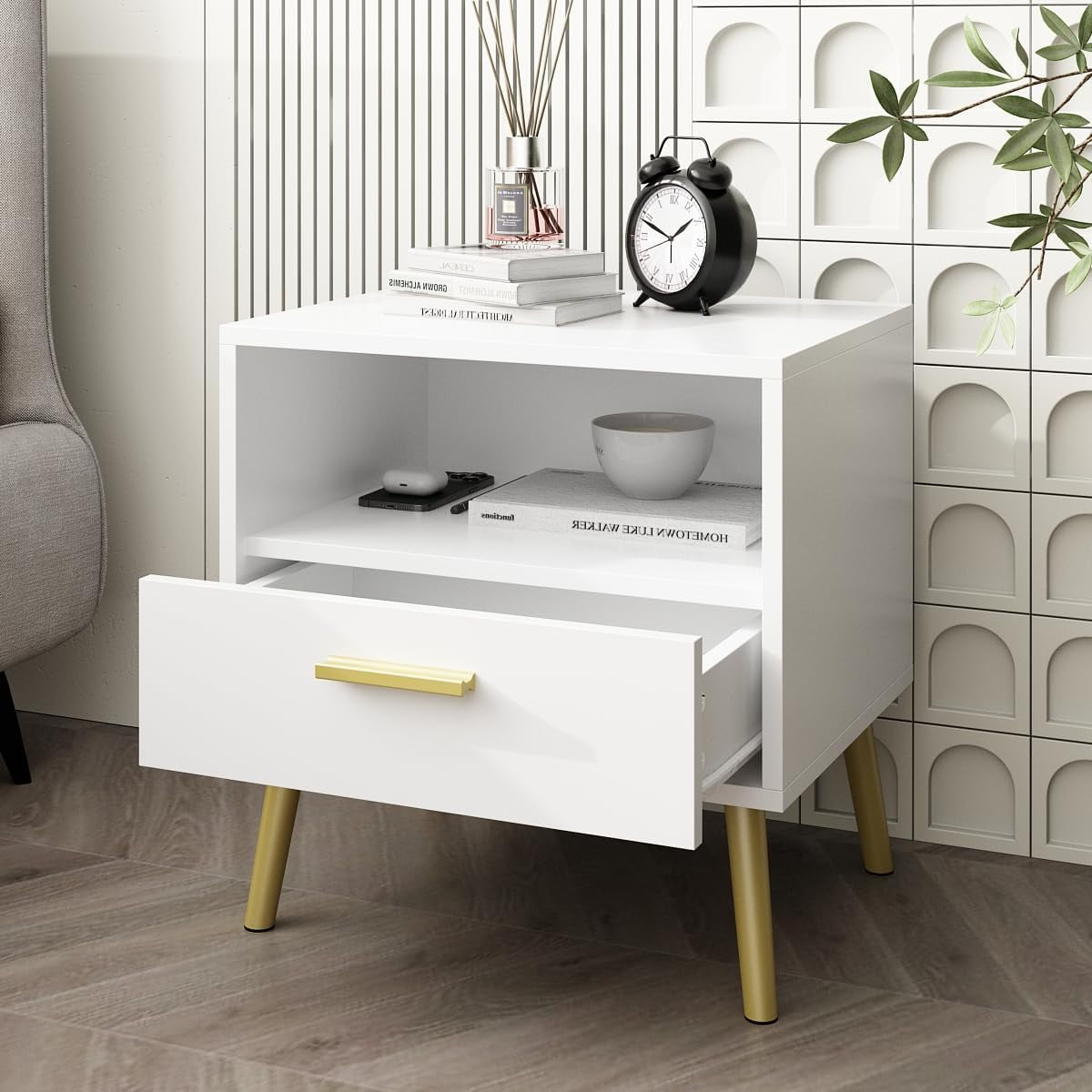 White Night Stand with Drawer, Nightstand with Drawers and Open-Shelf ...